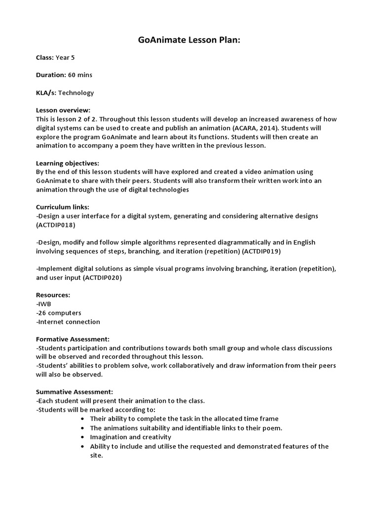 Goanimate Lesson Plan:: Class: Year 5 Duration: 60 Mins Kla/S ...