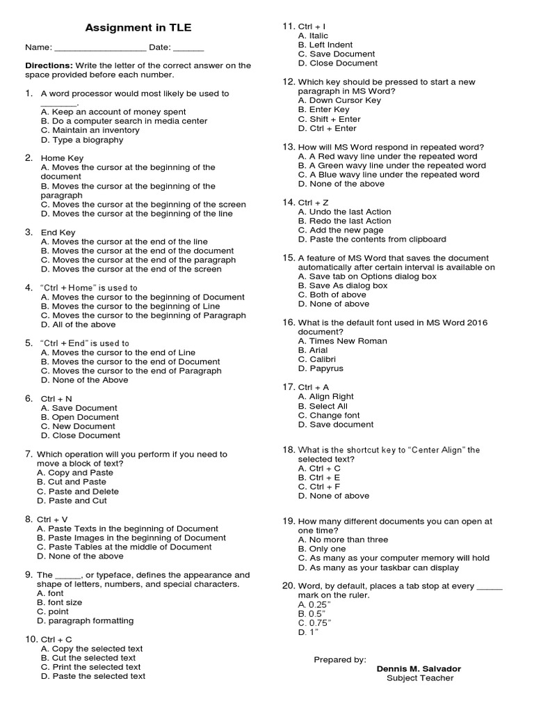 Assignment in TLE: Directions: Write The Letter of The Correct Answer On The | Download Free PDF ...