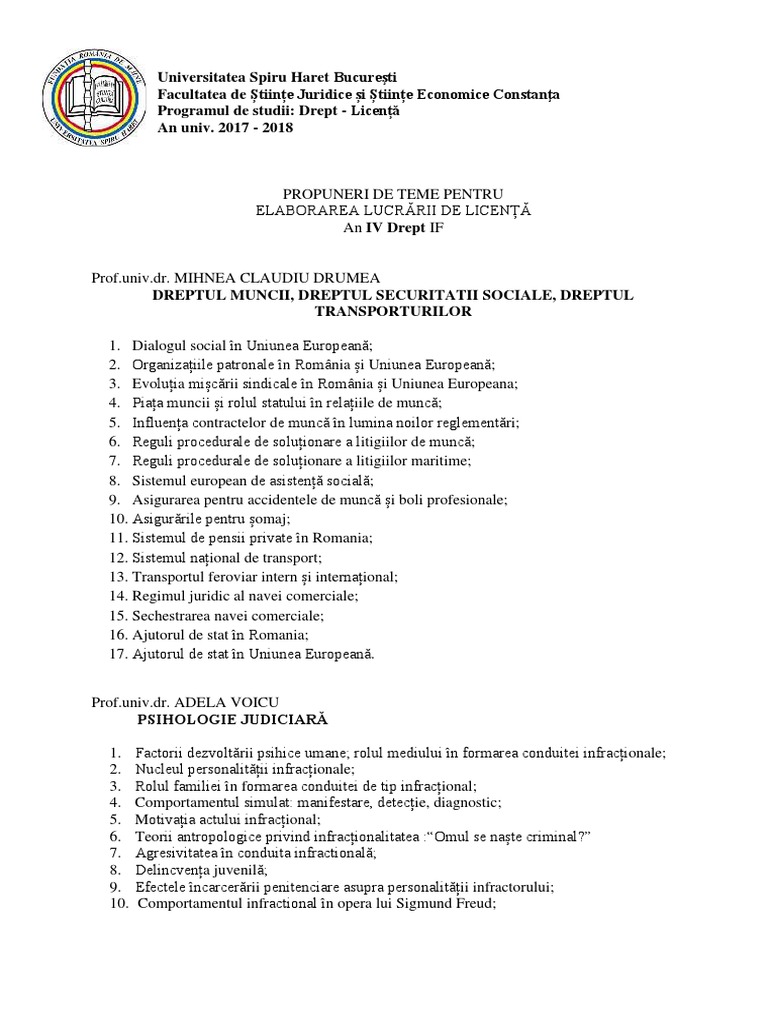 Teme Licenta 2017-2018 Drept PDF | PDF