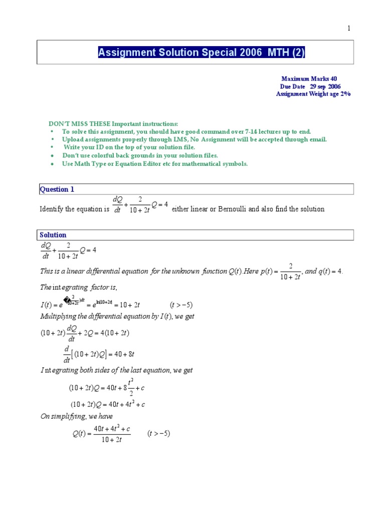 Differential Equations - MTH401 Special 2006 Assignment 02 Solution ...