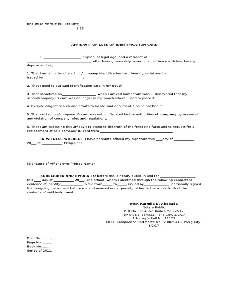 Affidavit of Loss of Identification Card | PDF