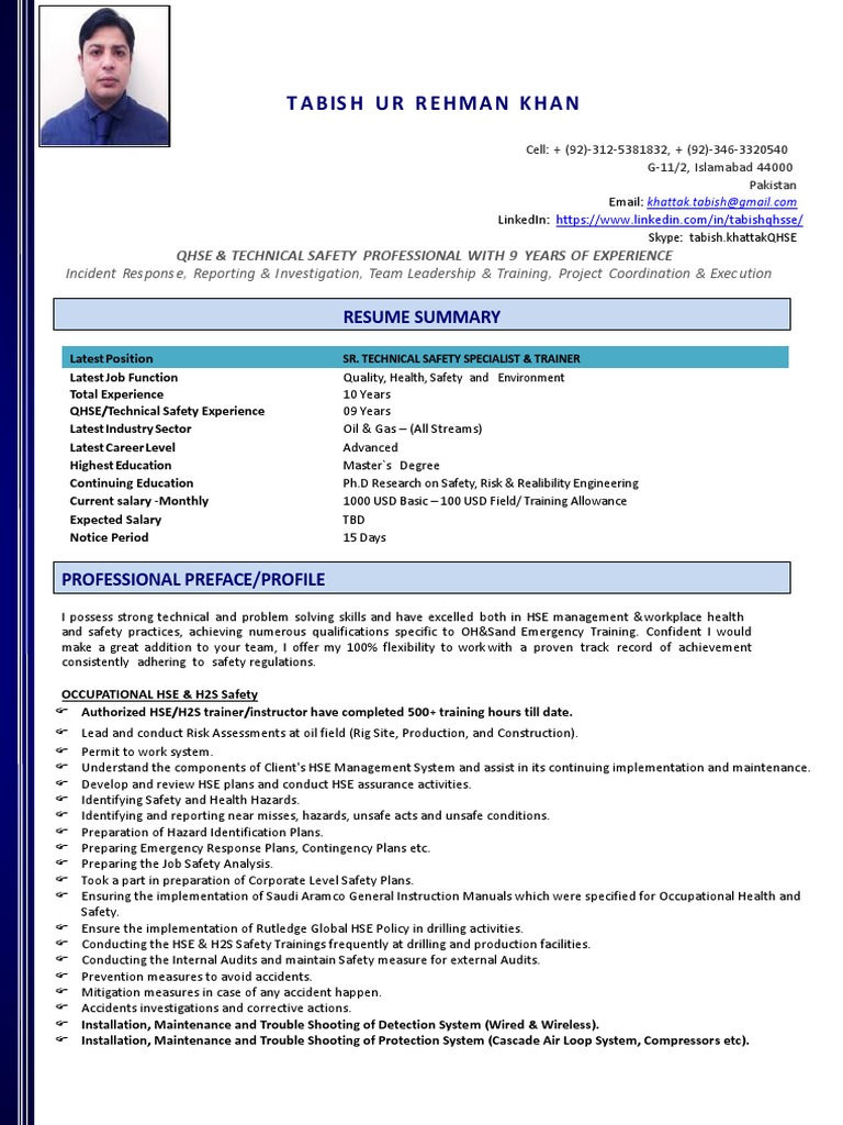 Tabish Ur Rehman - Updated Resume - 2018 | PDF | Emergency Management | Occupational Safety And ...