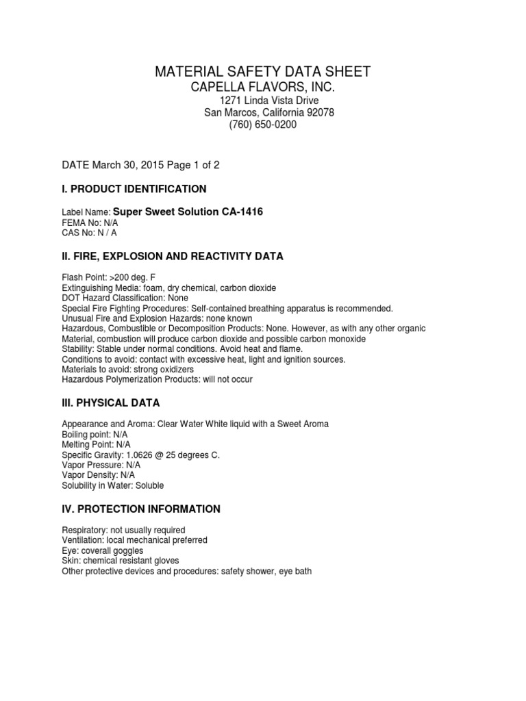 Material Safety Data Sheet: Capella Flavors, Inc | PDF | Combustion | Fires