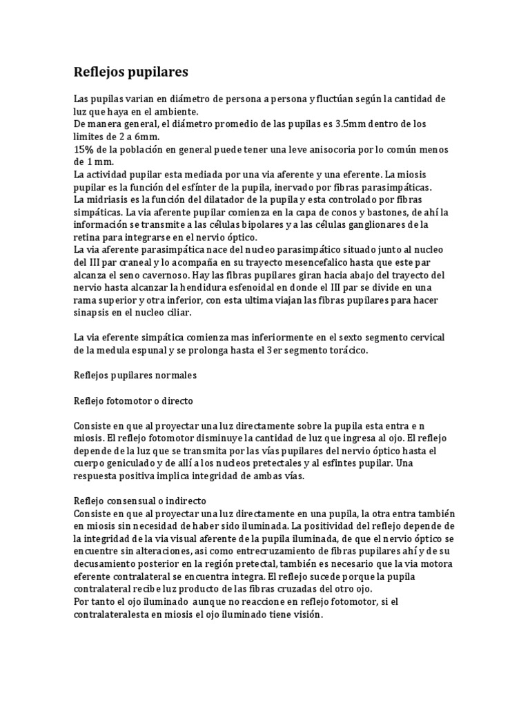 Tipos y Reflejos de las Pupilas | PDF | Ojo humano | Ojo