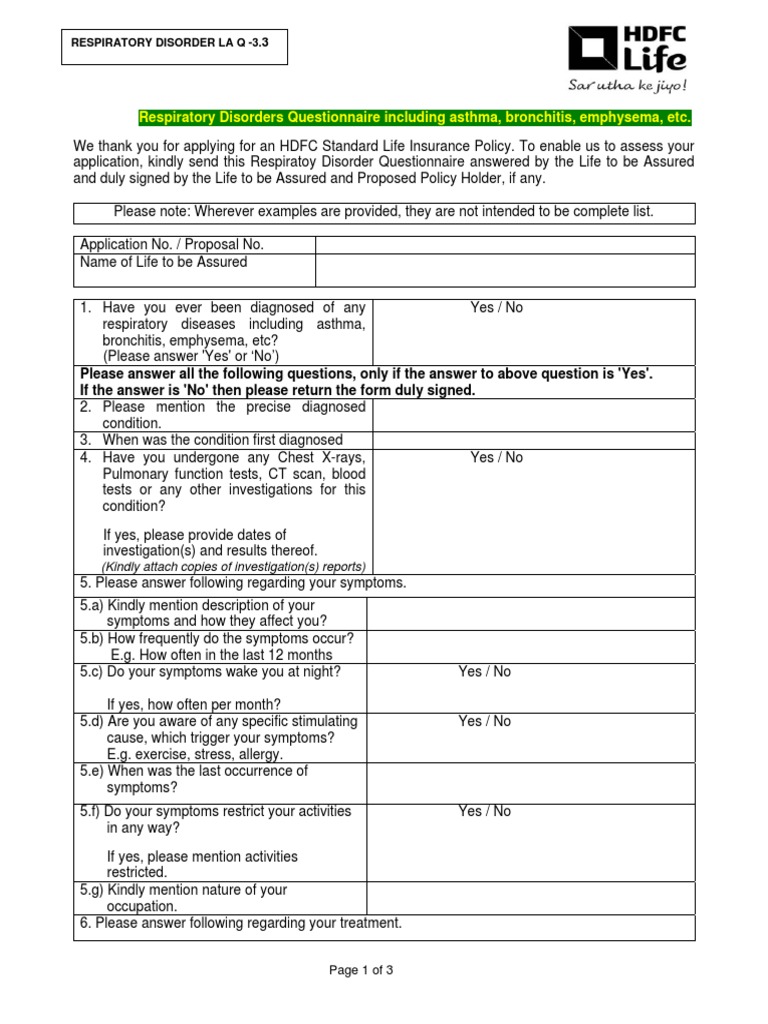 Respiratory Disorders Questionnaire Including Asthma, Bronchitis ...