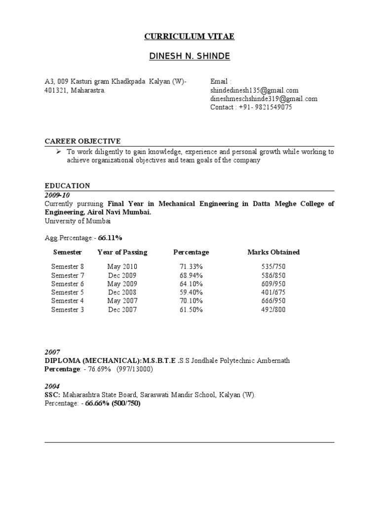 Dinesh N. Shinde Mechanical Engineer CV | PDF | Cognition | Behavior Modification