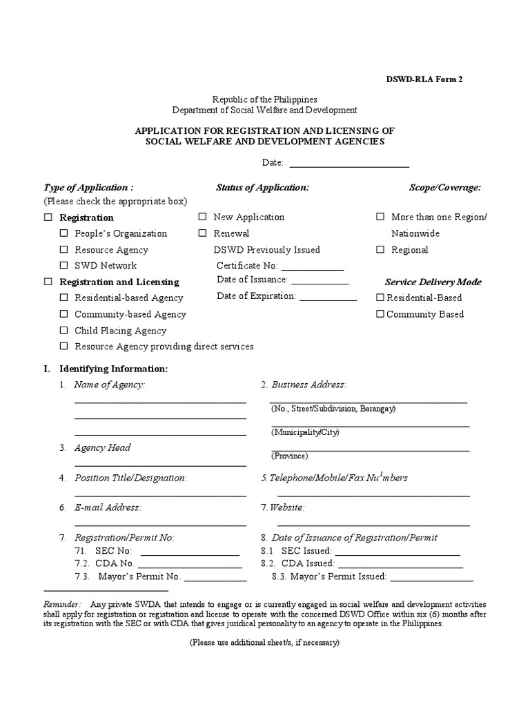 DSWD RLA Form 2 Application Form For Reg Lic | PDF | Government | Business