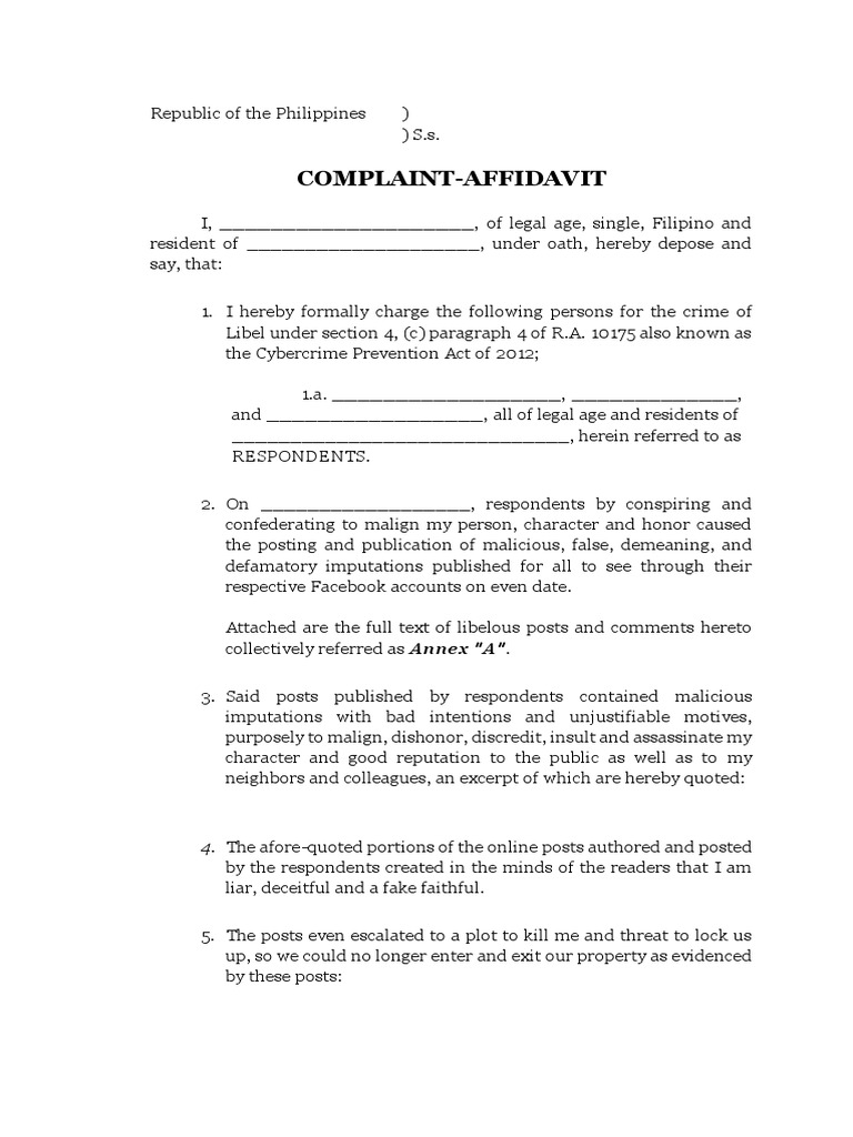 Affidavit Complaint for E-Libel Format | Defamation | Justice