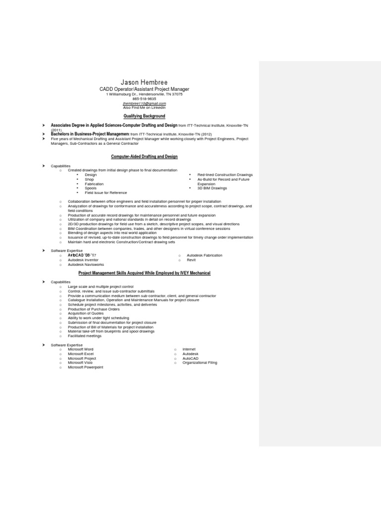 Jason Hembree Cadd PM Resume | PDF | Autodesk | Computer Aided Design