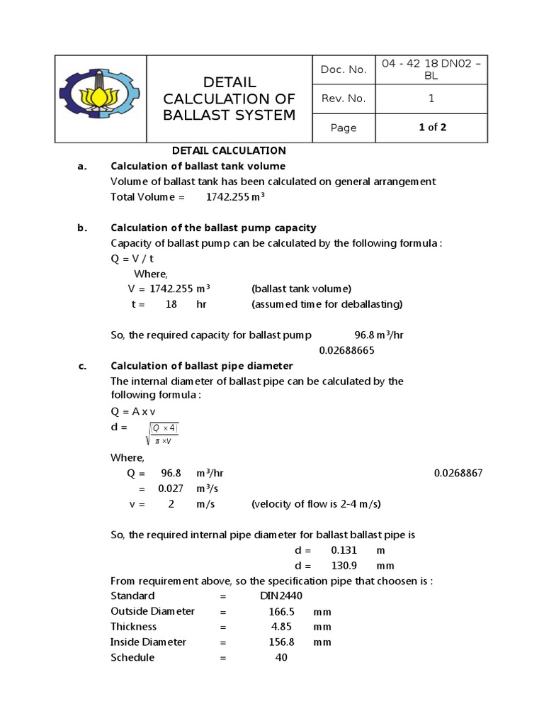 Detail Calculation A. Calculation of Ballast Tank Volume | PDF | Pipe ...