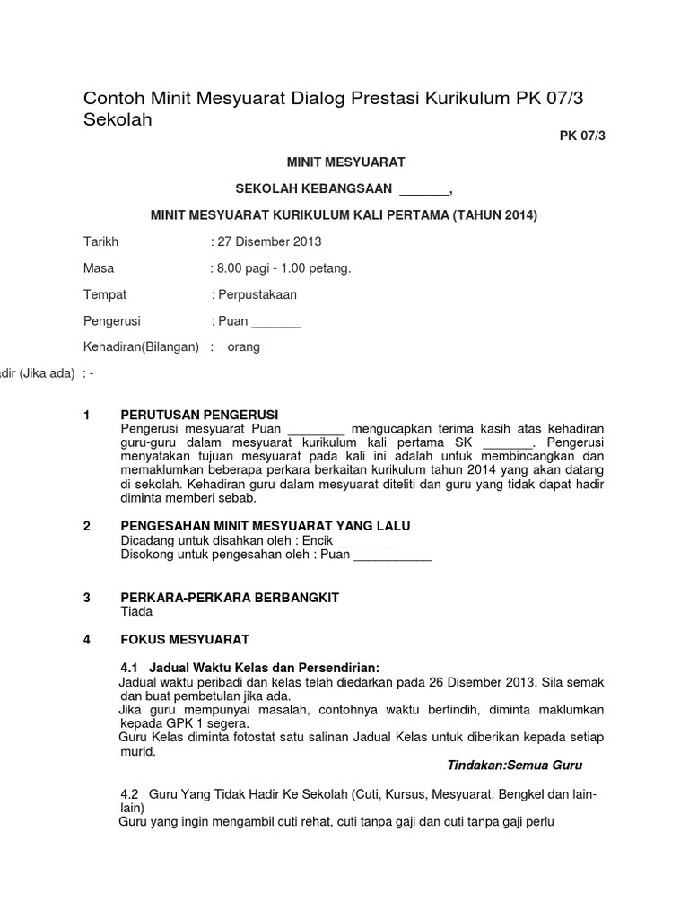 Contoh Minit Mesyuarat Dialog Prestasi Kurikulum PK 07 | PDF
