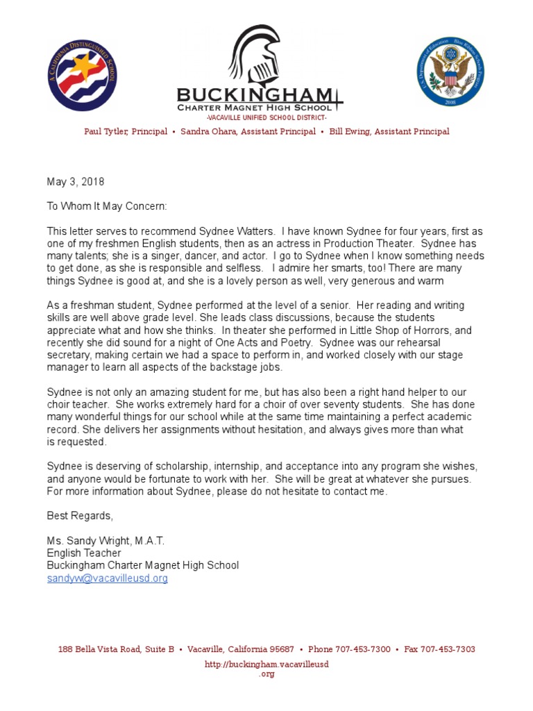 Sydnee Watters Reference Letter | PDF