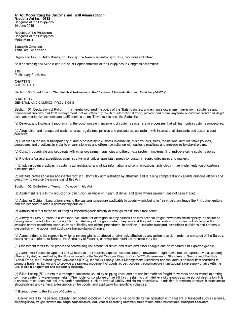 Customs Modernization and Tariff Act (CMTA) | PDF | Customs | Search ...
