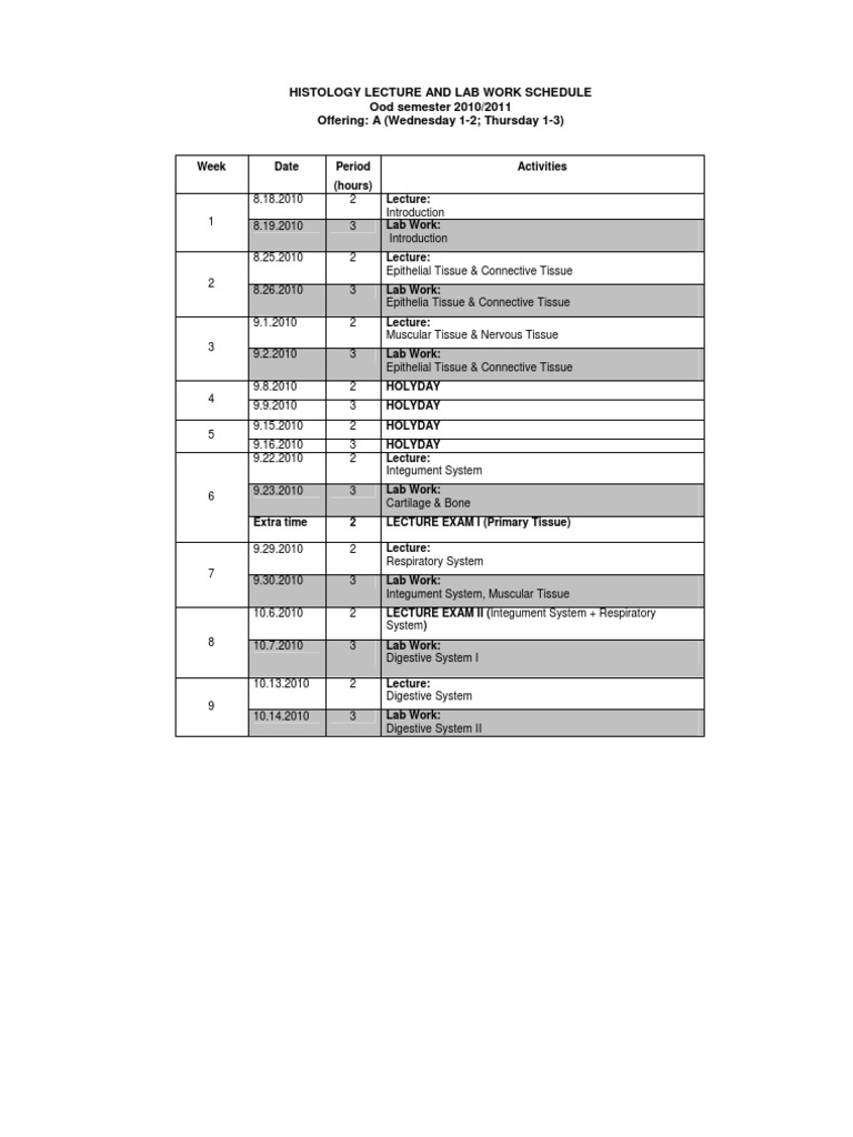 Histology Lecture and Lab Work Schedule | PDF | Tissue (Biology) | Anatomy