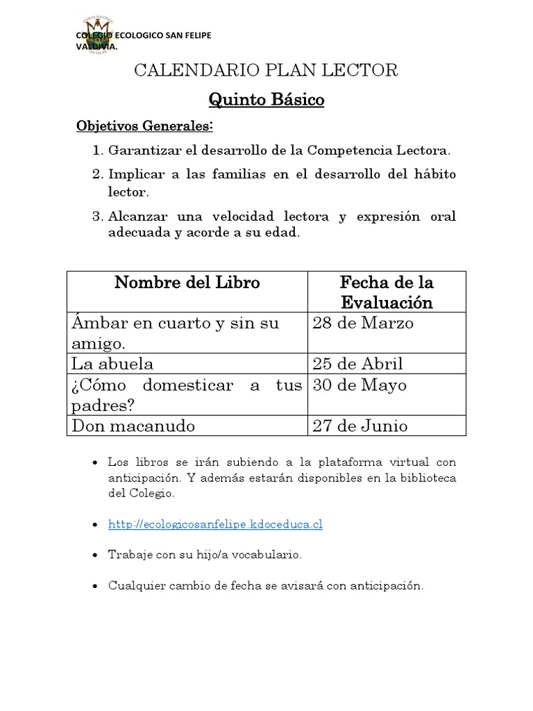 Calendario Plan Lector. Quinto | PDF