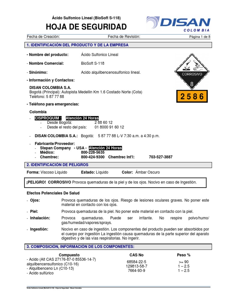 Acido Sulfonico Lineal (BioSoft S-118) - Hoja de Seguridad - Disan ...