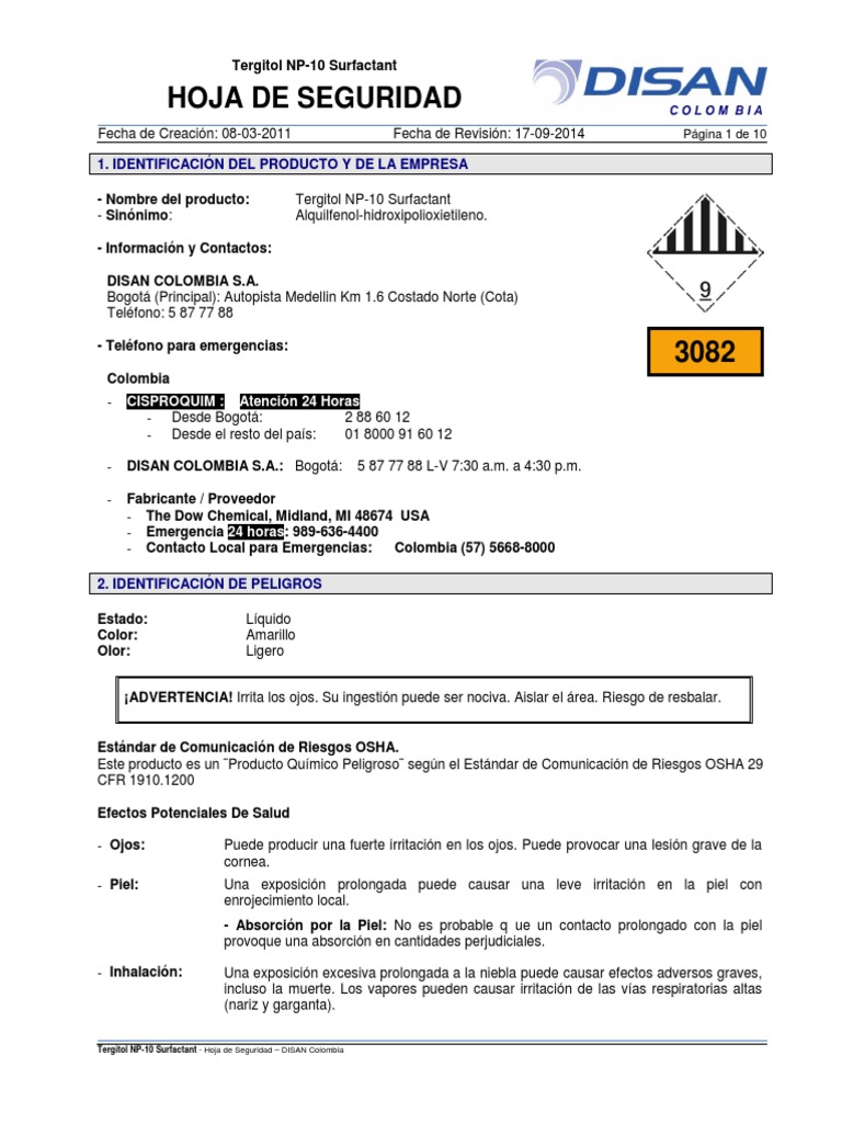 Tergitol NP-10 Surfactant - Hoja de Seguridad - Disan Colombia | PDF ...
