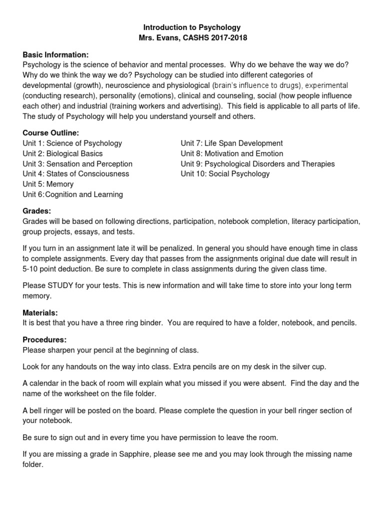 Introduction to Psychology Course Syllabus | PDF | Psychology ...