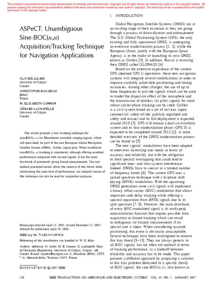 ASPeCT Unambiguous Sine BOC Acquisition Tracking Technique For Navigation Applications | PDF ...