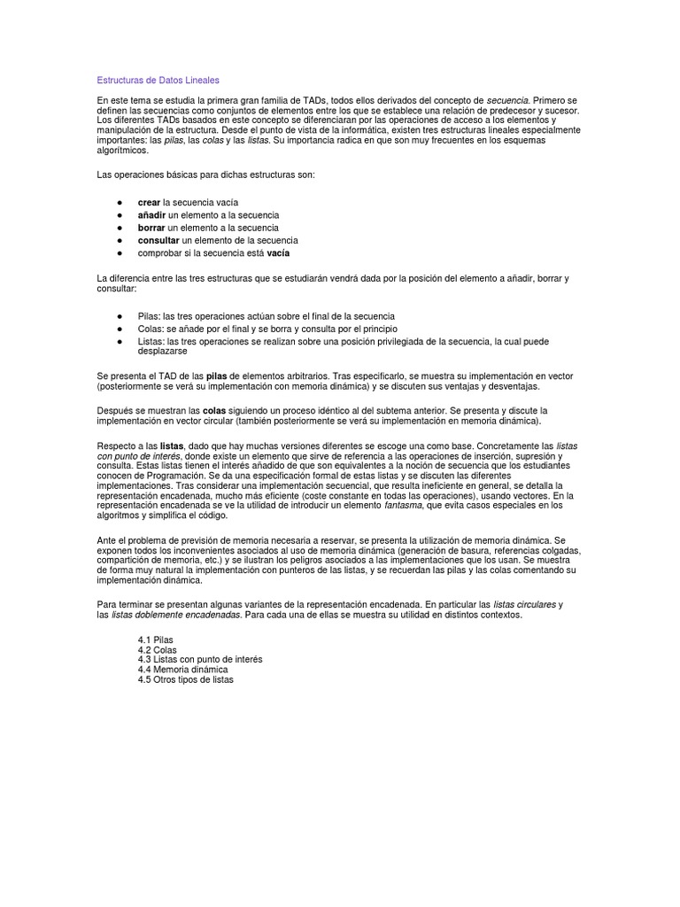 Estructuras de Datos Lineales: Pilas, Colas y Listas | PDF | Secuencia ...