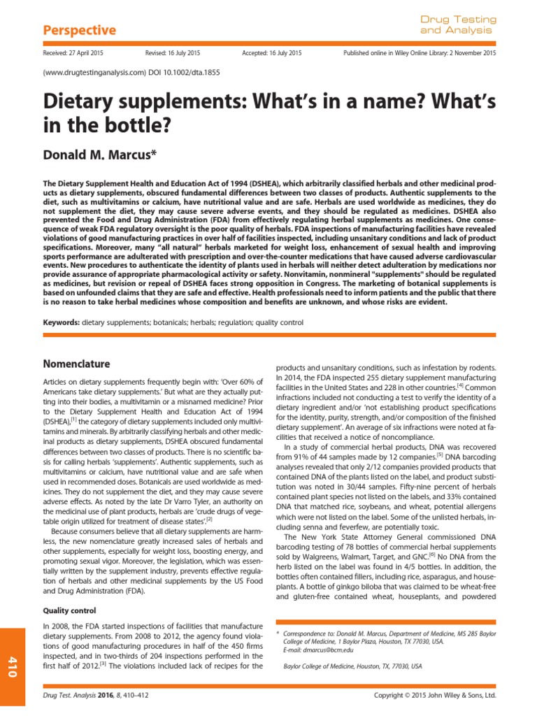Dietary Supplements: What 'S in A Name? What's in The Bottle? | PDF ...