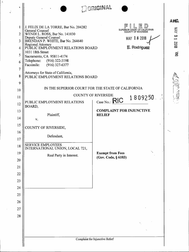 Complaint For Injunctive Relief Against Riverside County