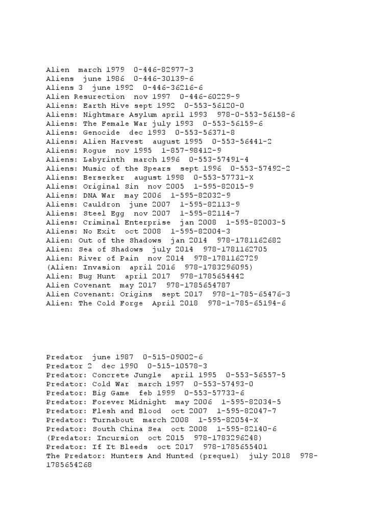 Complete Chronological List of Alien Predator Books With ISBNs | PDF ...