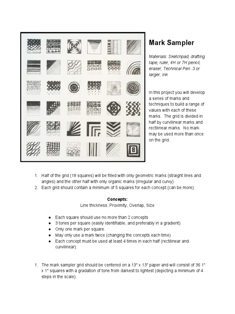 Mark Sampler: Materials: Sketchpad, Drafting Tape, Ruler, 4H or 7H ...