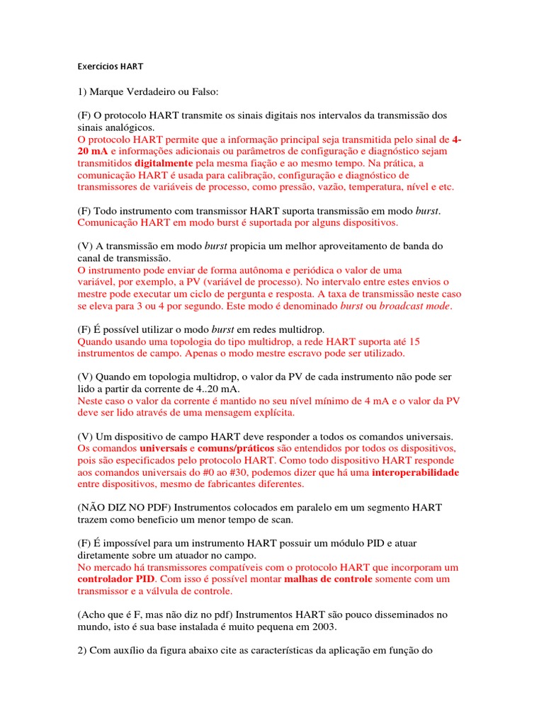 Exercícios sobre o protocolo HART: características, modos de ...