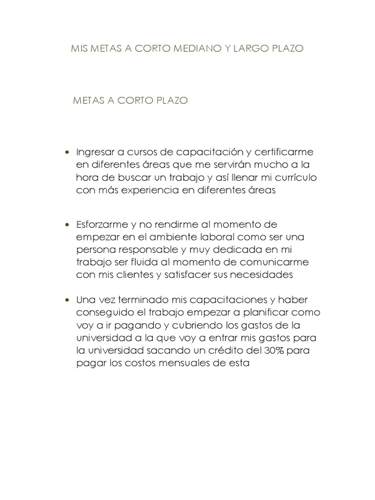 Metas Personales: Corto, Mediano y Largo Plazo | PDF | Negocios ...