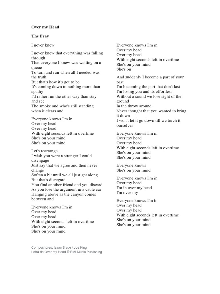 Over My Head The Fray: Compositores: Isaac Slade / Joe King Letra de ...