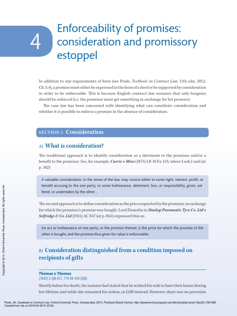 Casebook On Contract Law - (4 Enforceability of Promises Consideration and Promissory Estoppel ...