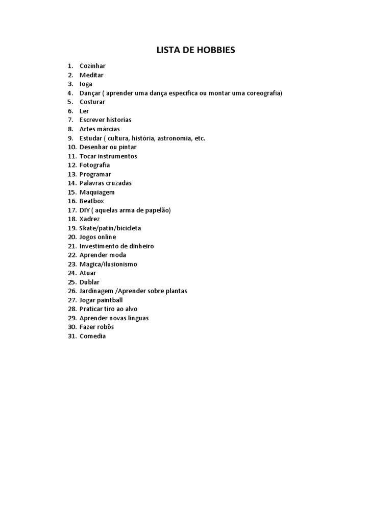 Lista de Hobbies para Tentar | PDF