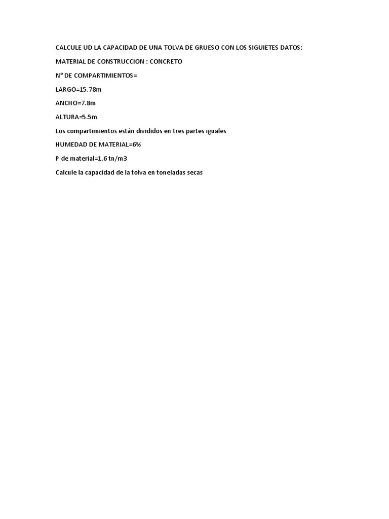 Cálculo de Capacidad de Tolva de Grueso | PDF