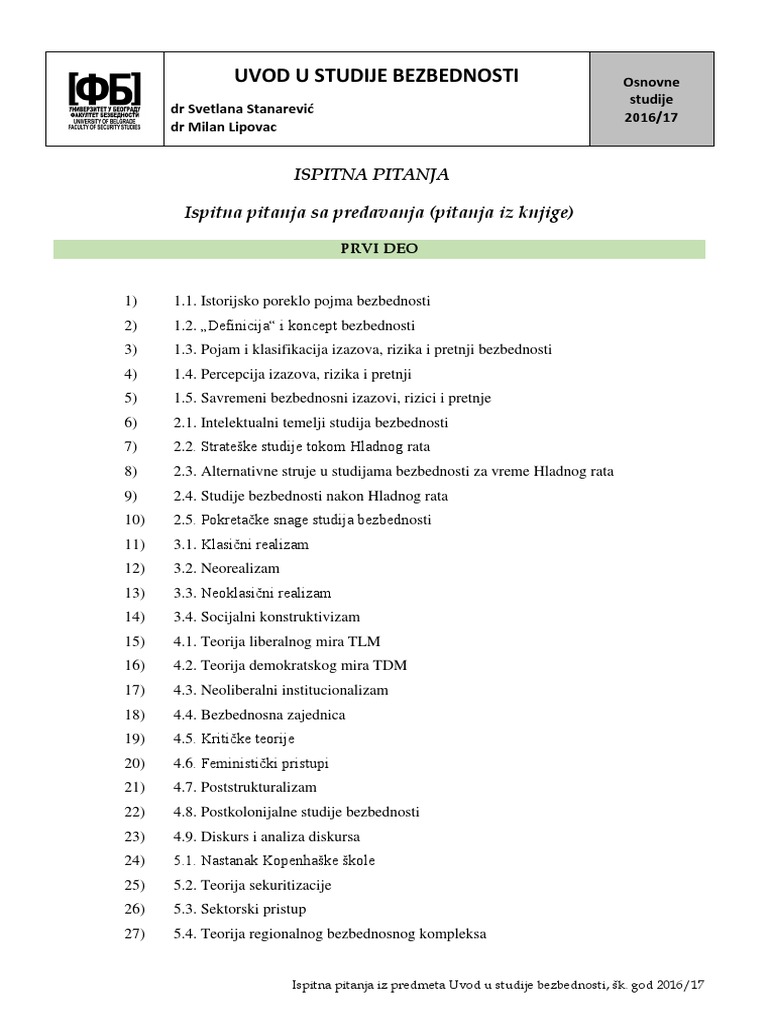 Uvod U Studije Bezbednosti - Ispitna PitanjaZBIRNO | PDF