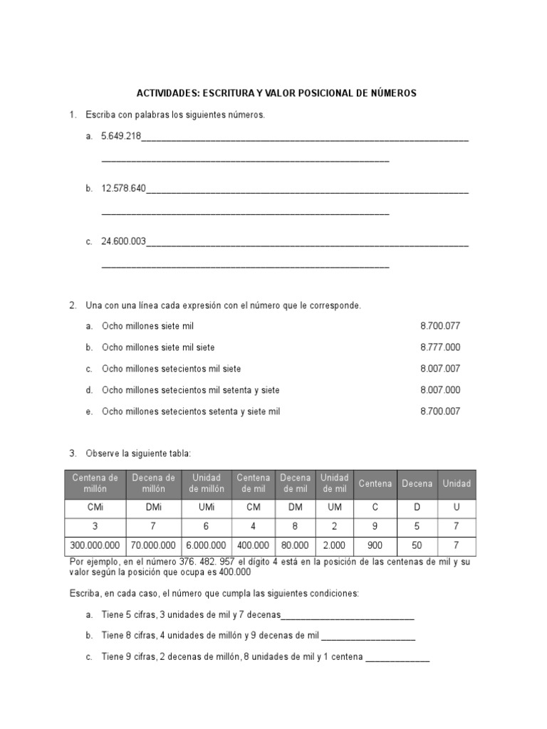(OA1) ESCRITURA Y VALOR POSICIONAL DE NÚMEROS 5° y 6° | PDF ...