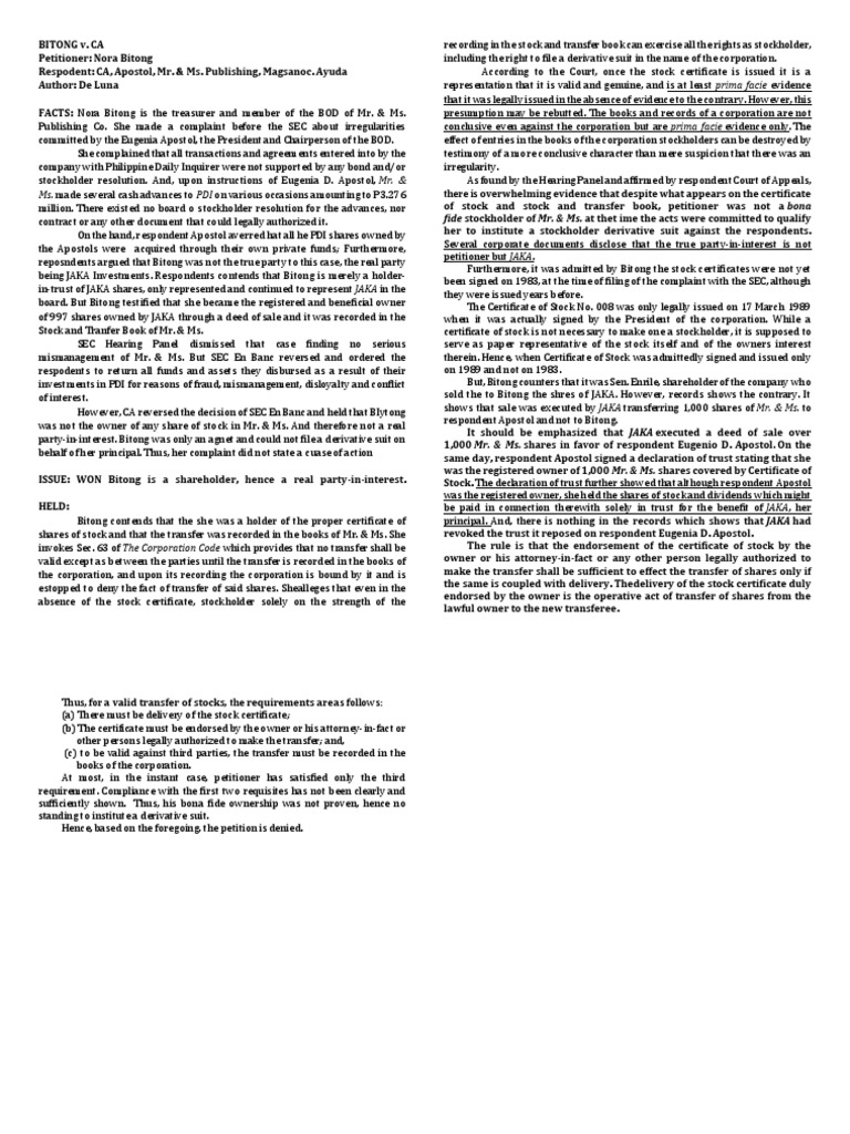 BITONG v. CA | PDF | Stocks | Share (Finance)