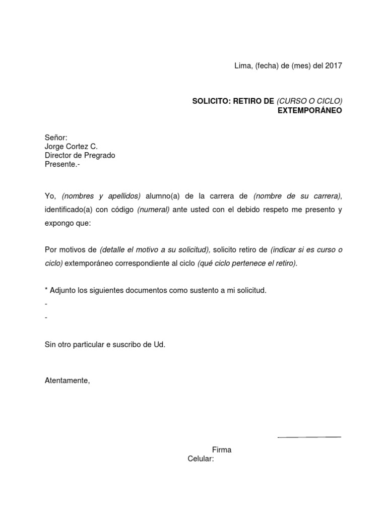 Modelo de Solicitud-Retiro de Ciclo o Curso Extemporáneo | PDF
