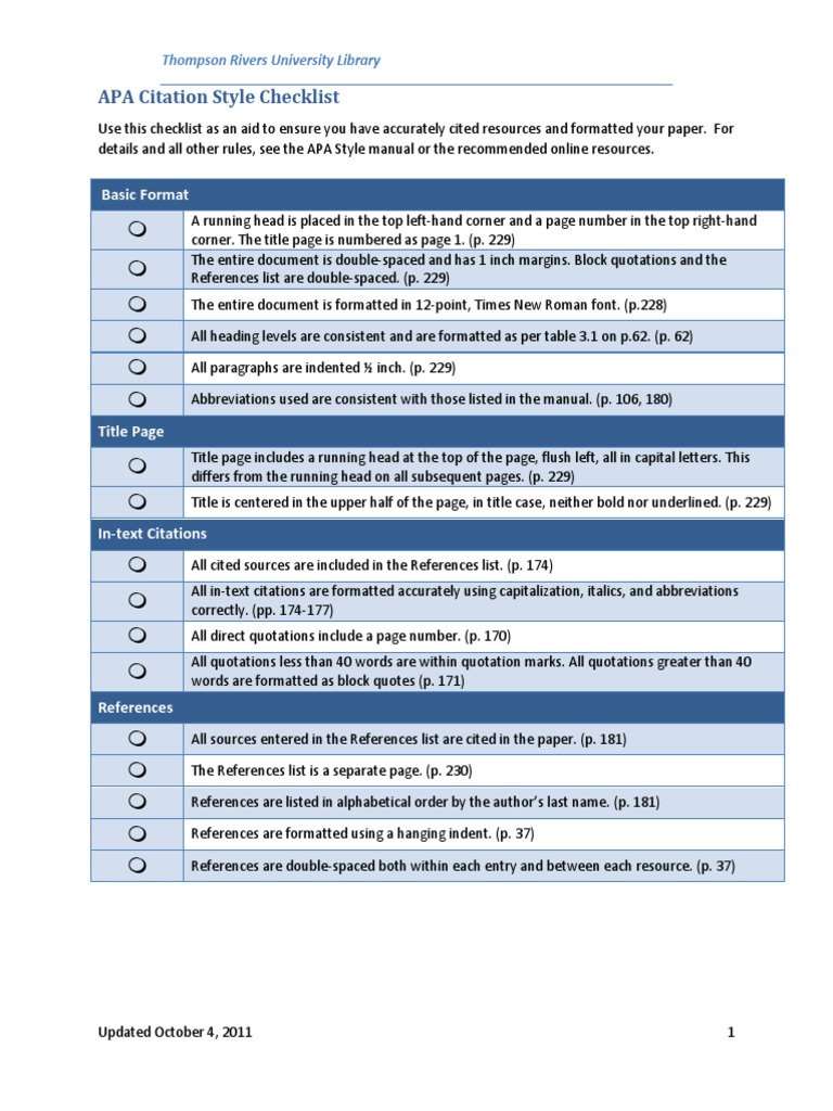 APA Citation Style Checklist: Basic Format | PDF