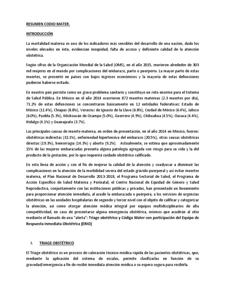 Triage y Código Mater en Emergencias Obstétricas | PDF | Muerte materna ...