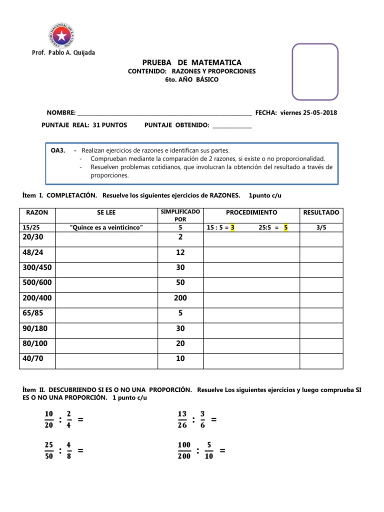 Prueba de Razones y Proporciones 6° Básico | PDF | Enseñanza de matemática