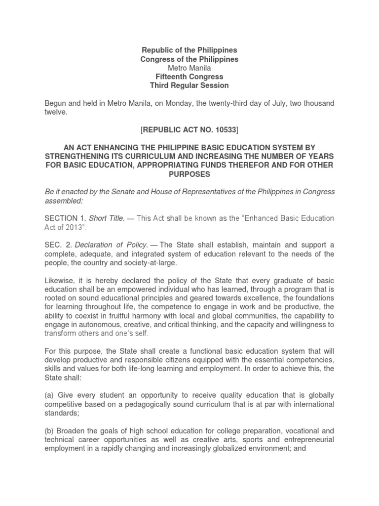 RA 10533 Enhanced Basic Education Act of 2013 | Curriculum | Secondary ...