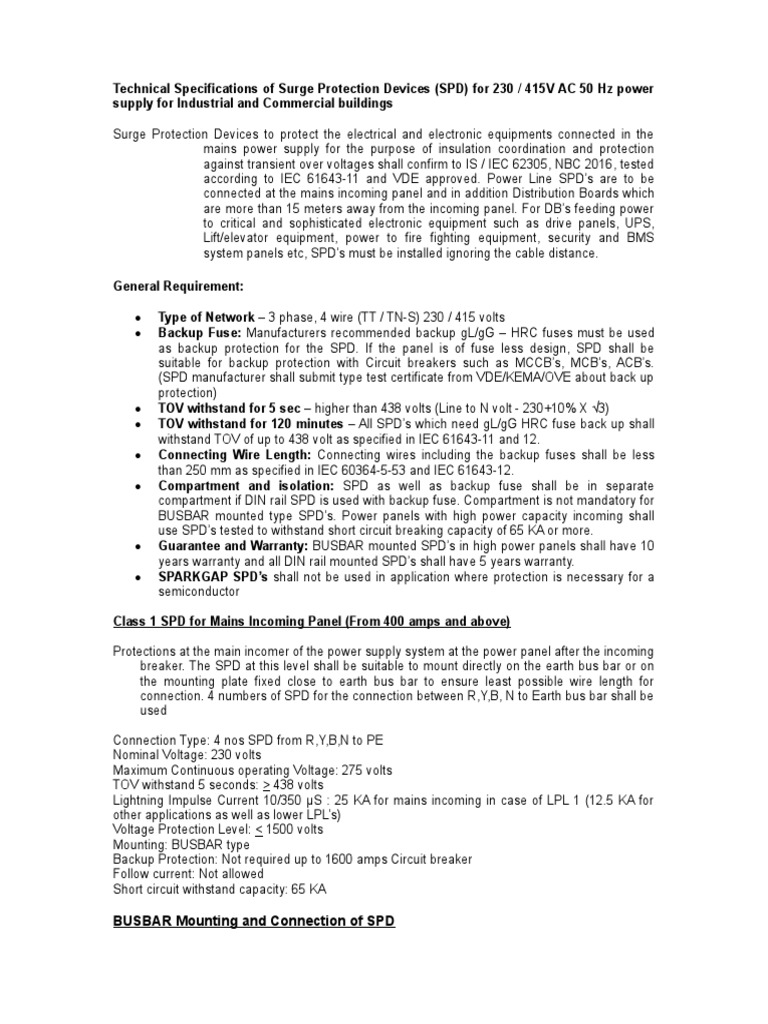 Technical Specifications of Surge Protection Devices (SPD) for Industrial Buildings | PDF | Fuse ...
