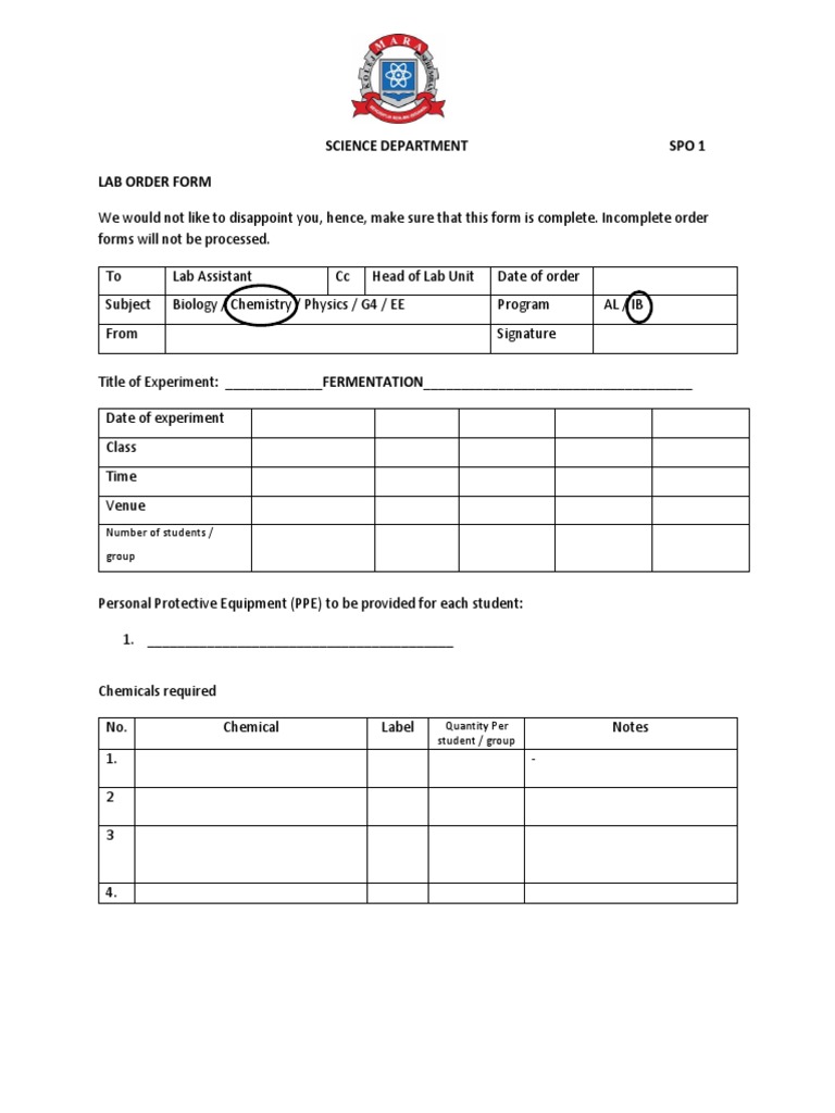 Lab Order Form for Fermentation Experiment | PDF | Science & Mathematics