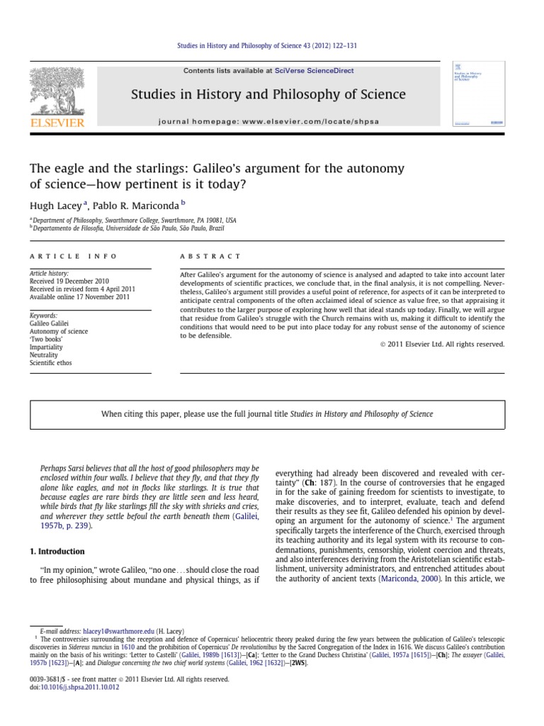 Studies in History and Philosophy of Science: Hugh Lacey, Pablo R ...