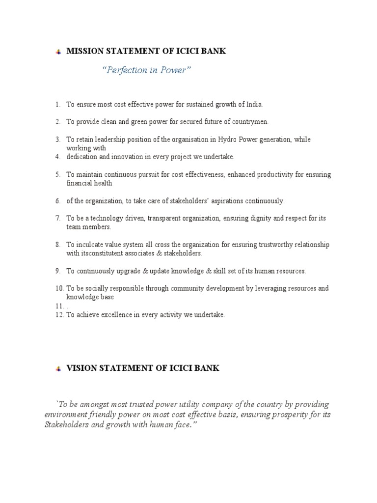 "Perfection in Power": Mission Statement of Icici Bank | PDF
