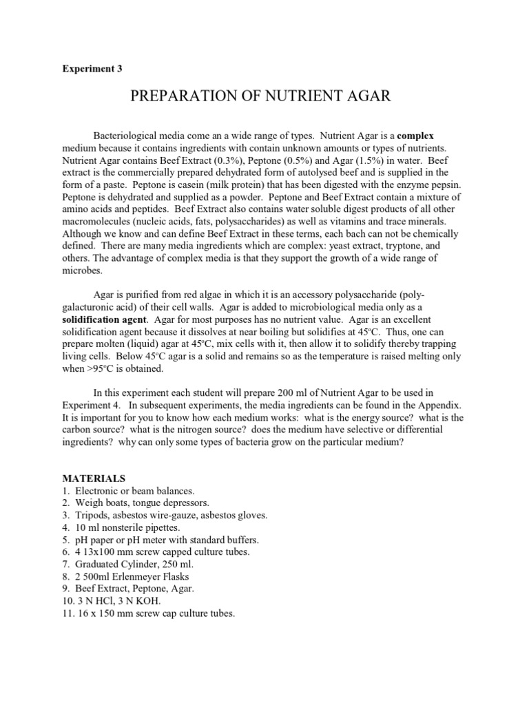 Preparation of Nutrient Agar: Experiment 3 | PDF | Agar | Growth Medium