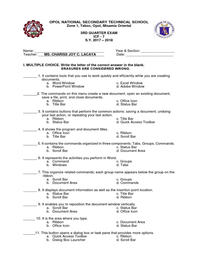 Icf Grade 7 3rd Quarter Exam | PDF | Microsoft Word | System Software