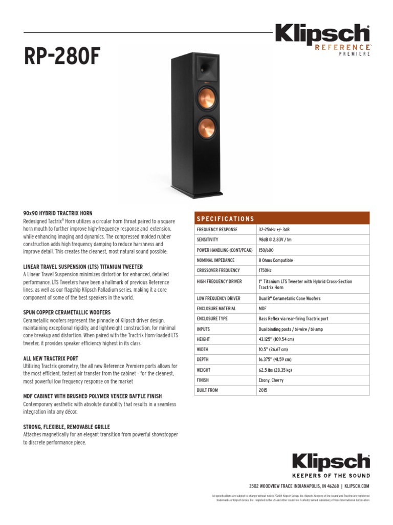 RP 280F Spec Sheet | PDF | Loudspeaker | Audio Electronics