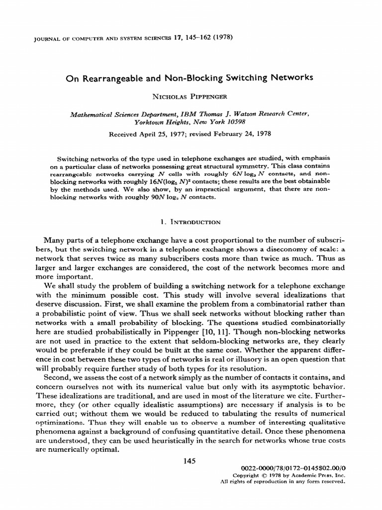 On Rearrangeable and Non-Blocking Switching Networks: Journal of Computer and System Sciencfs ...